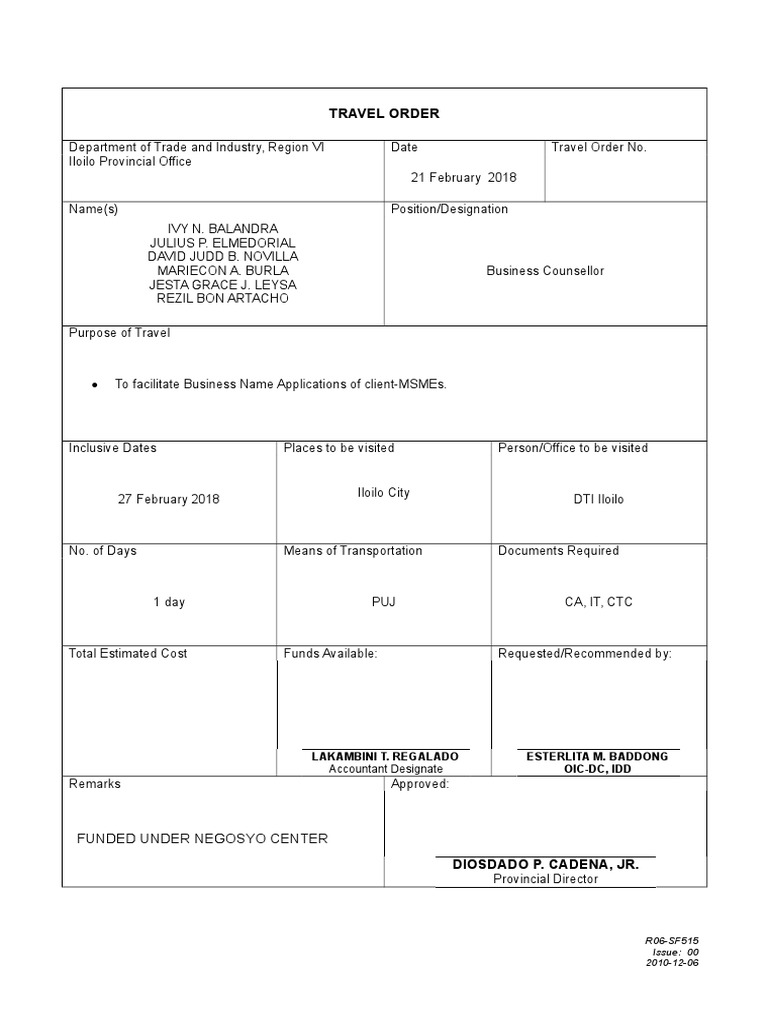Travel Order for Business Facilitation | PDF