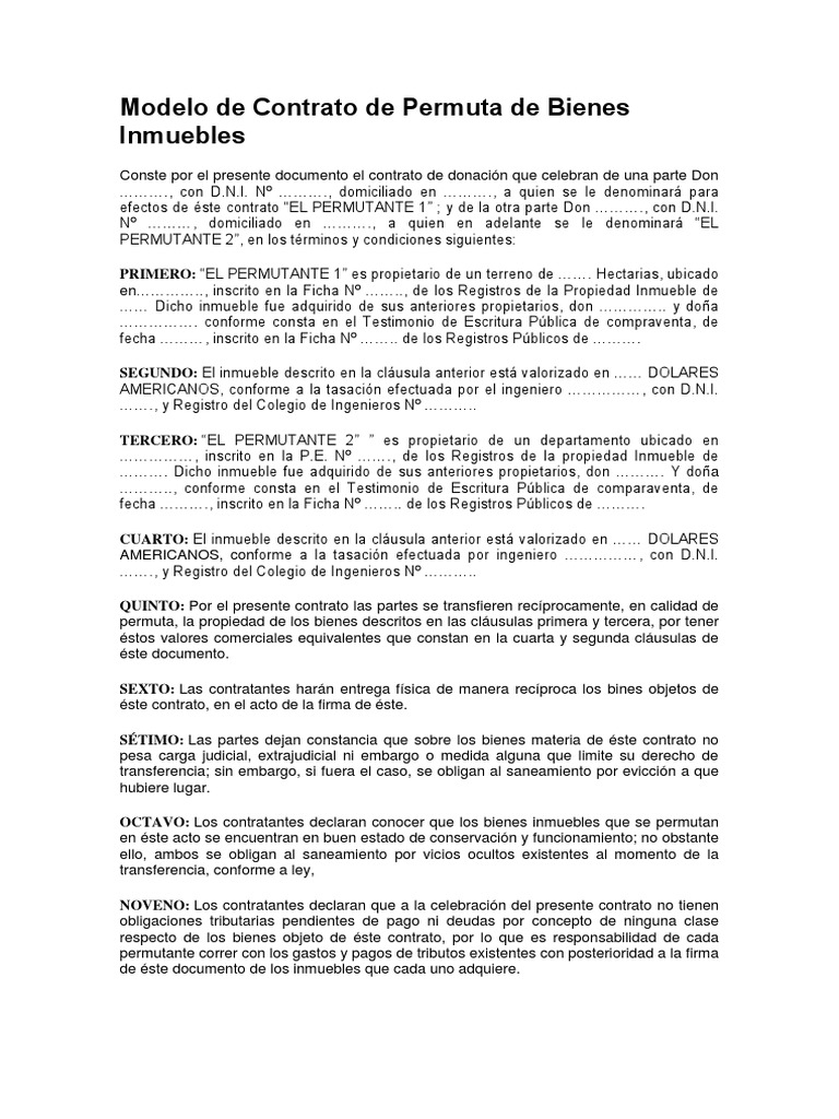 Modelo de Contrato de Permuta de Bienes Inmuebles | Propiedad | Gobierno