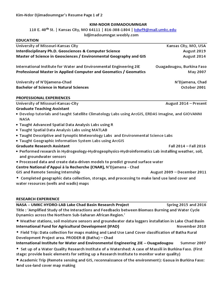 Djimadoumngars Resume f2018 | PDF | Geomatics | Geography