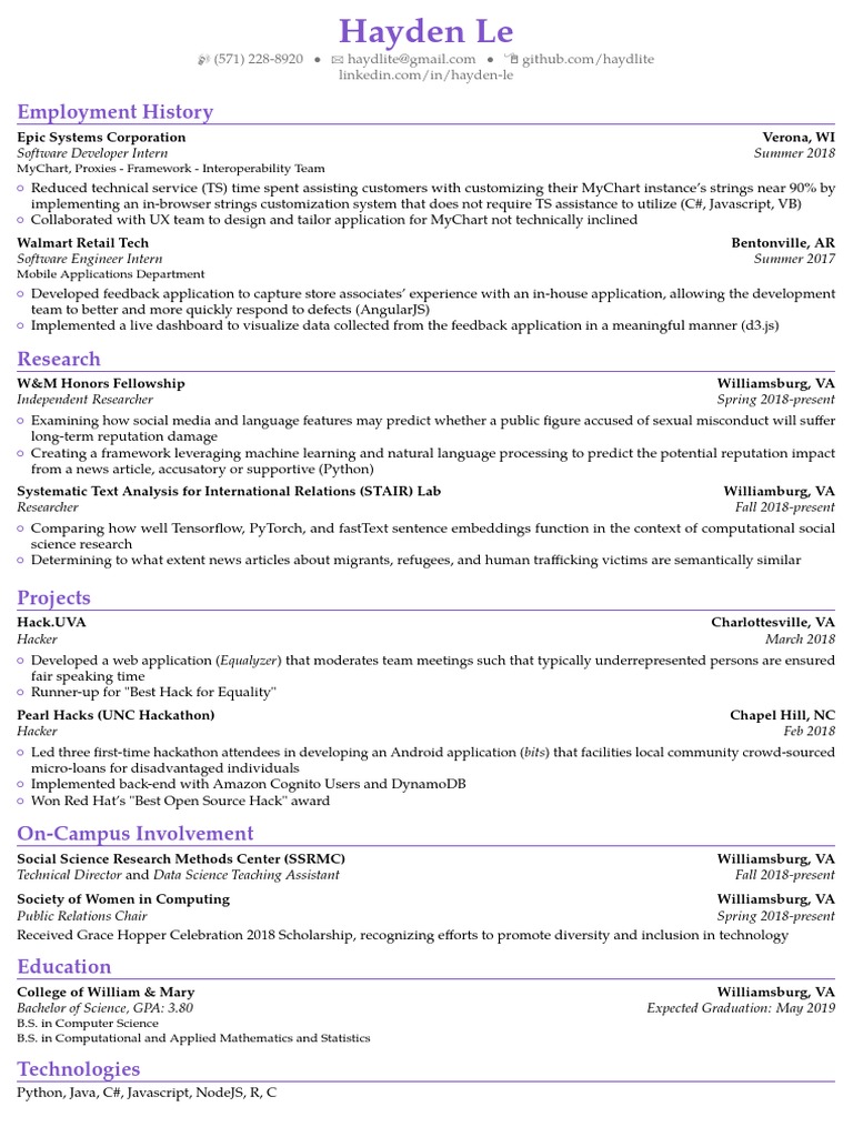 Hayden Le - Fall 2018 Resume PDF | PDF | Application Software | Hacker ...