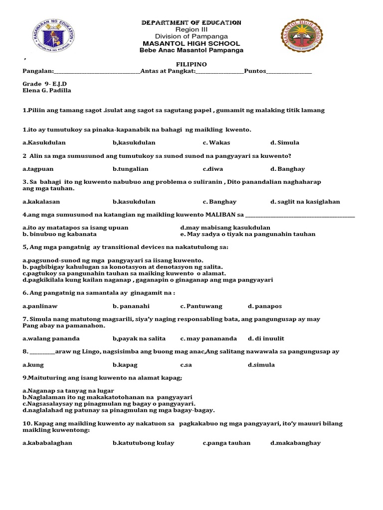 Grade 9 Filipino Exam | PDF
