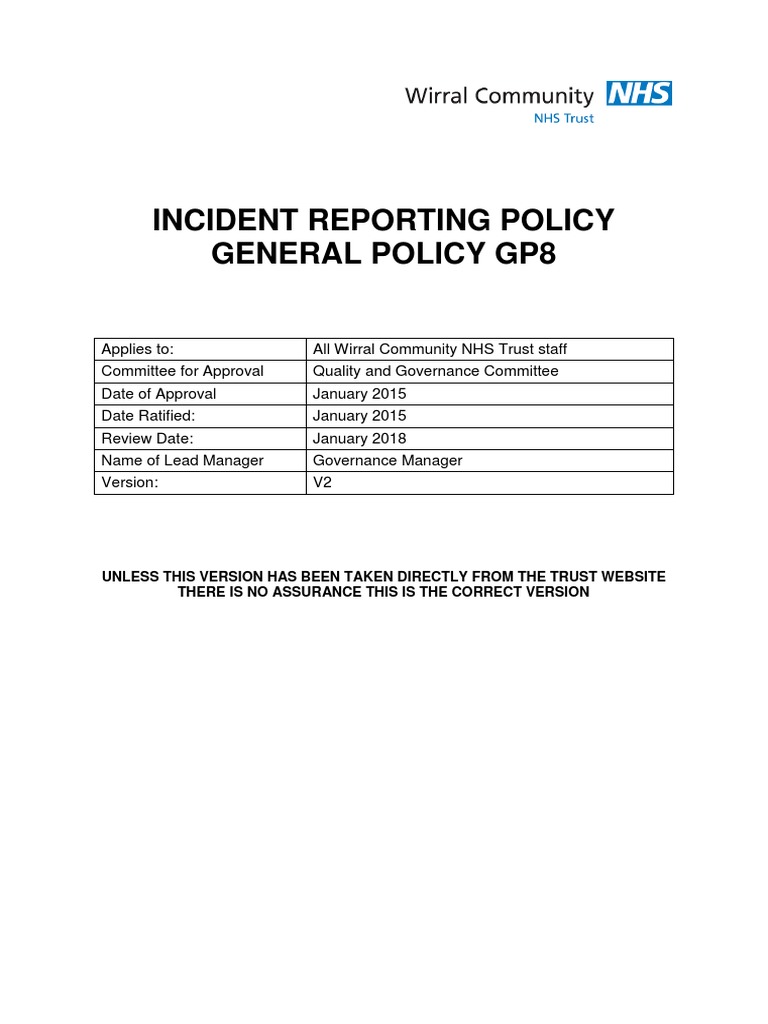 Incident Reporting Policy General Policy Gp8 | PDF | Patient Safety ...