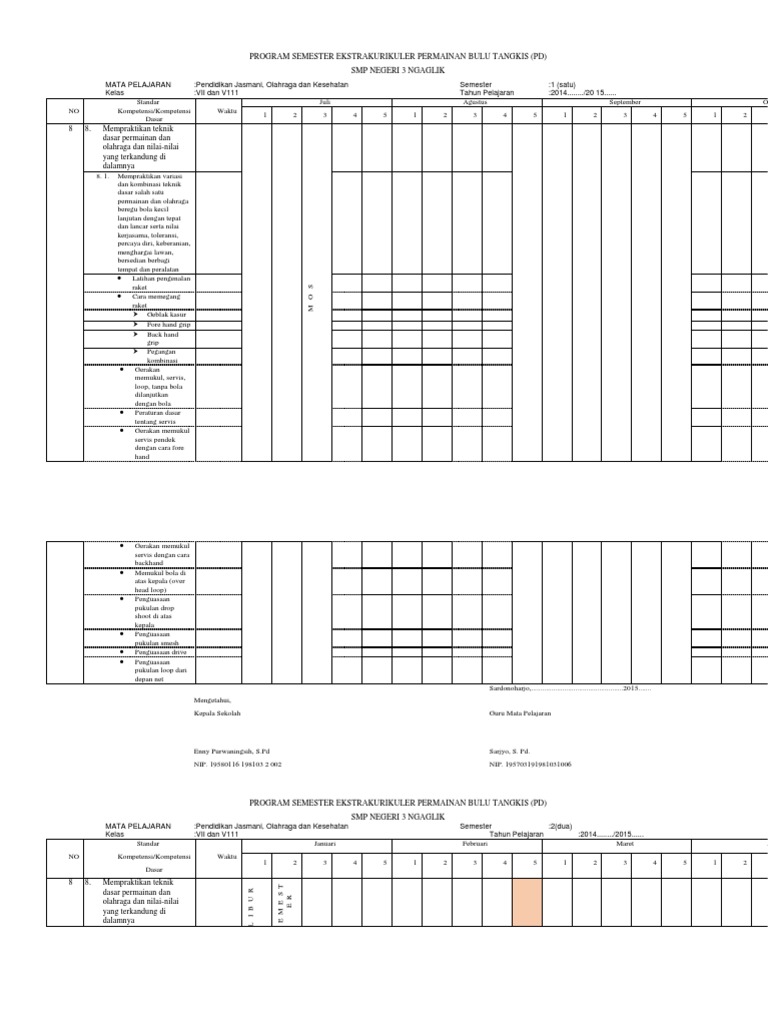 Program Semester Ekstrakurikuler Permainan Bulu Tangkis | PDF