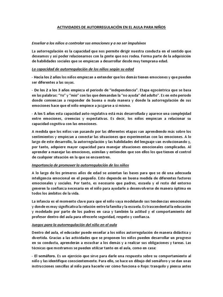 Actividades de Autorregulación en El Aula para Niños | PDF | Las ...