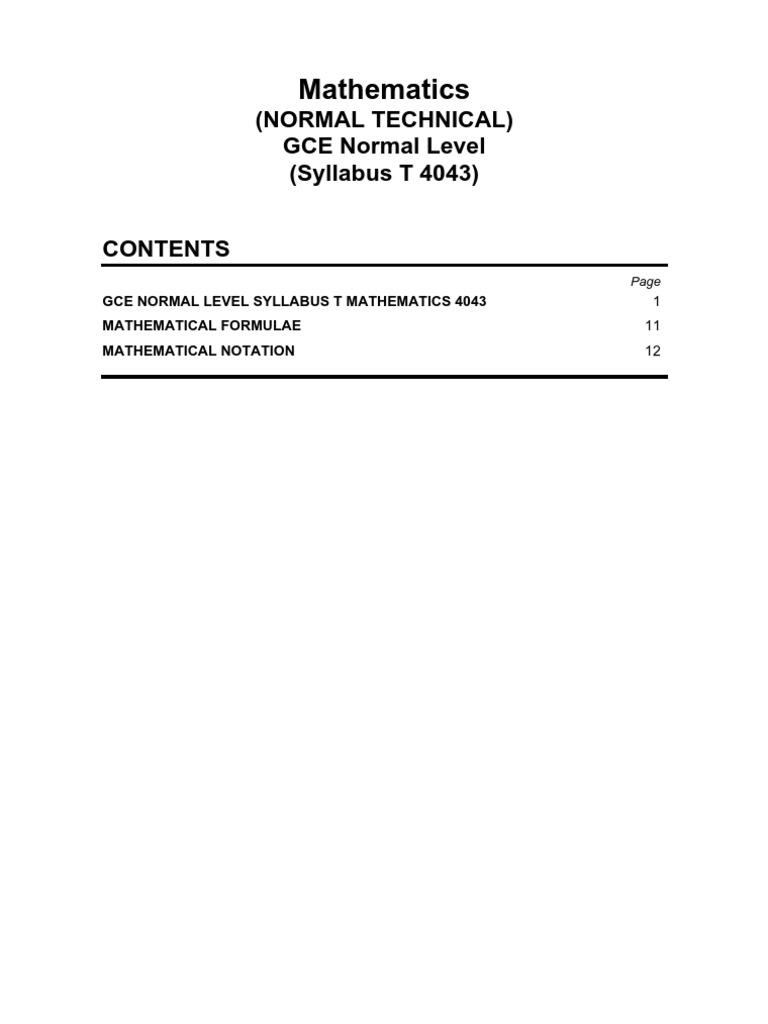 GCE Normal Level Maths Syllabus T 4043 | PDF | Angle | Equations