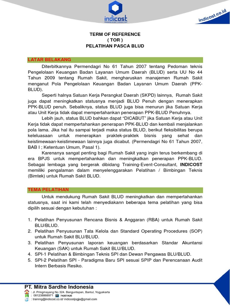 Term of Reference Tor Pelatihan Pasca BL PDF | PDF
