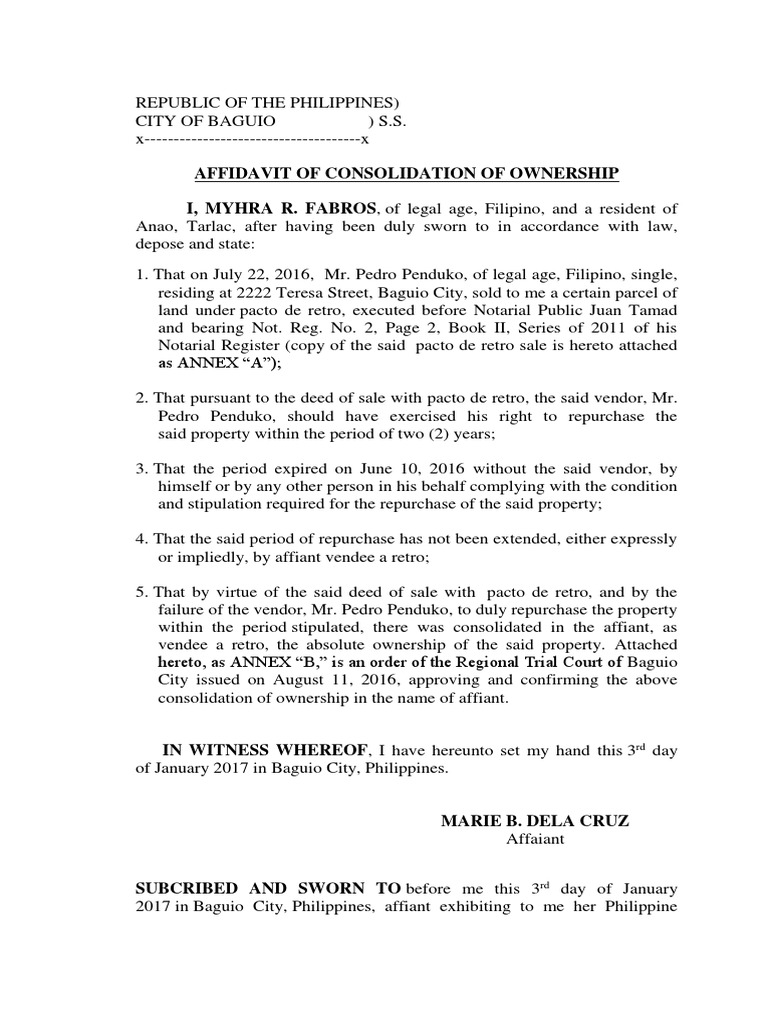 Affidavit of Consolidation | PDF | Virtue | Civil Law (Common Law)