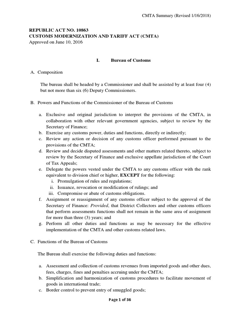 CMTA Summary | PDF | Customs | Taxes