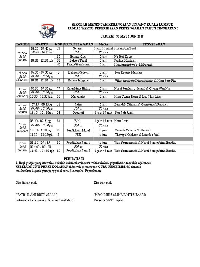 SMK Jinjang Mid-Year Exam Schedule 2018 | PDF