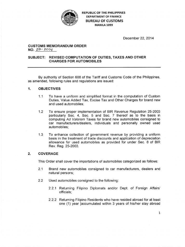 CMO No. 29 2014 Revised Computation of Duties Taxes and Other Charges ...