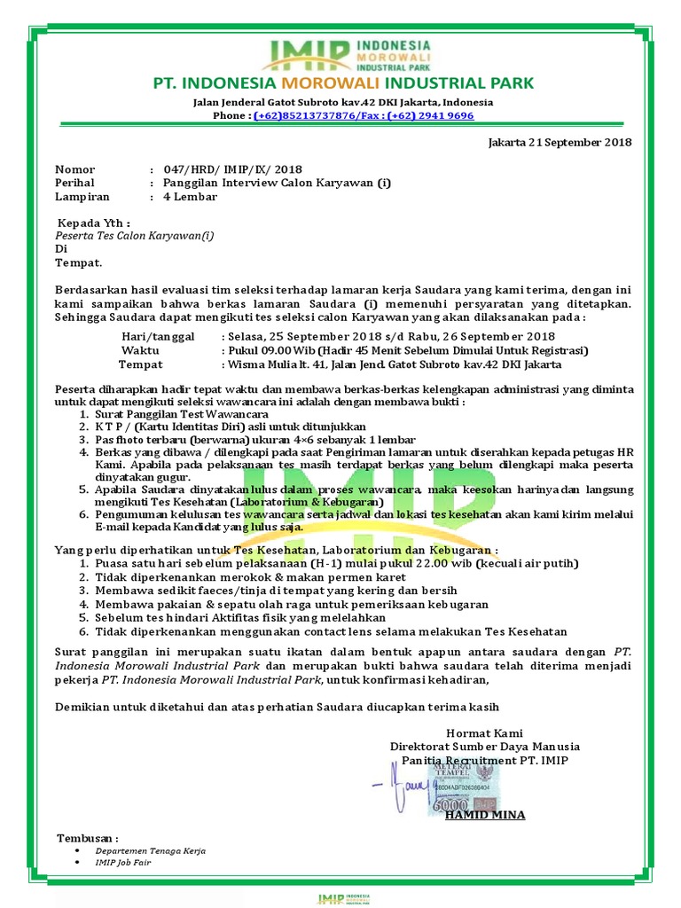 Surat Panggilan PT Imip | PDF