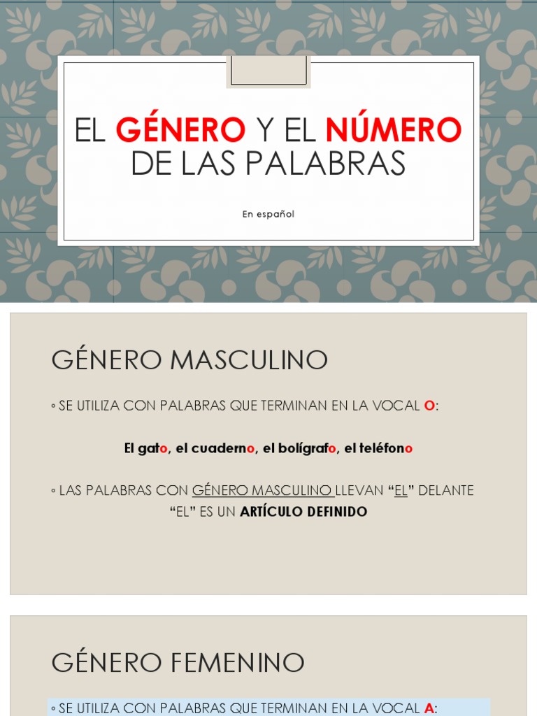 Género y Número de Las Palabras (ELE) | PDF