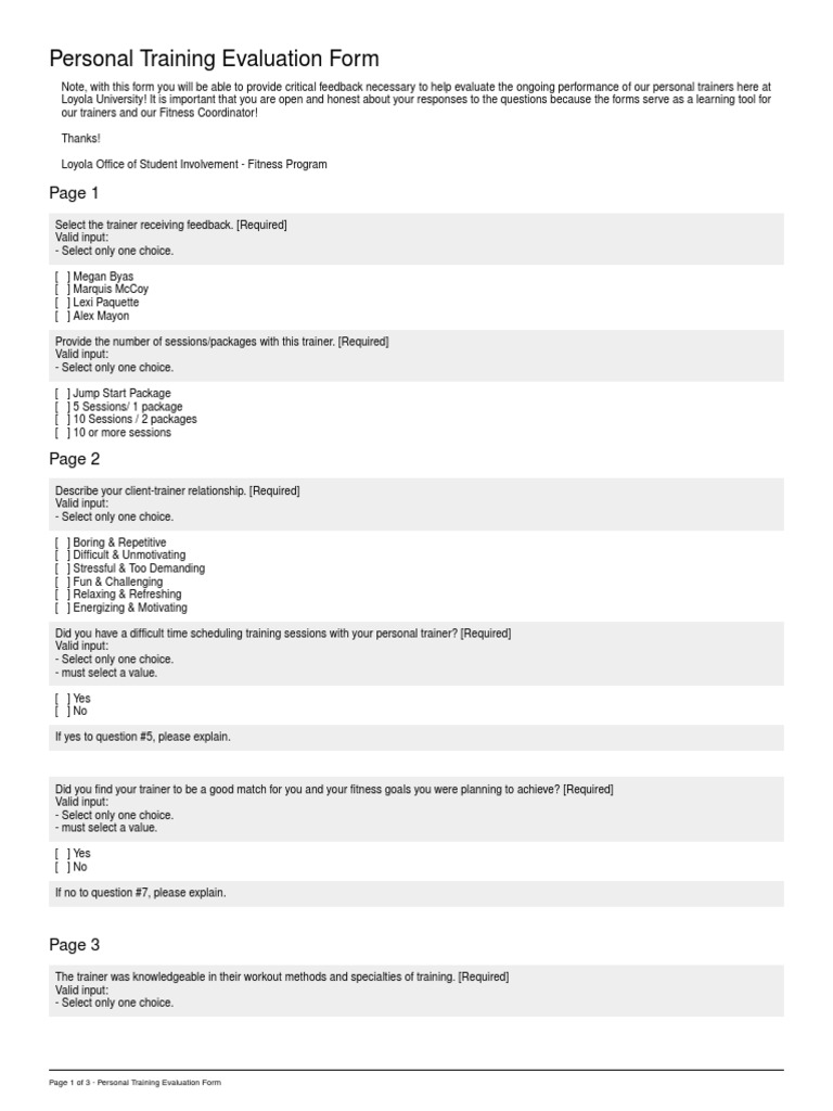 Page 1 of 3 Personal Training Evaluation Form | PDF | Personal Trainer ...