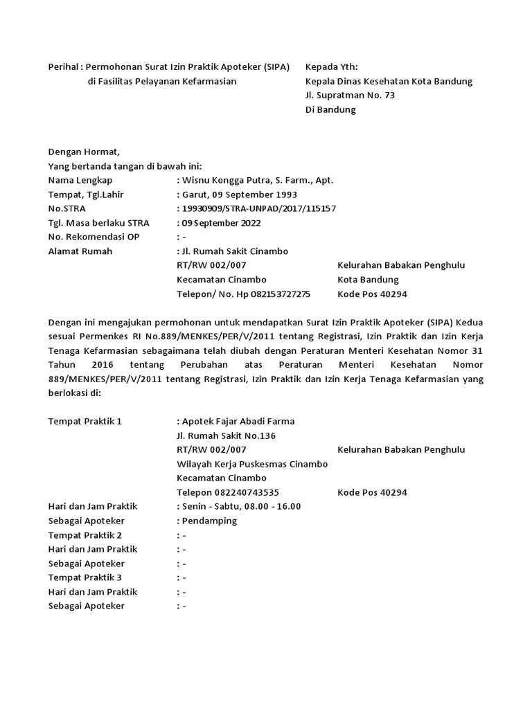 Permohonan SIPA Apoteker Bandung | PDF