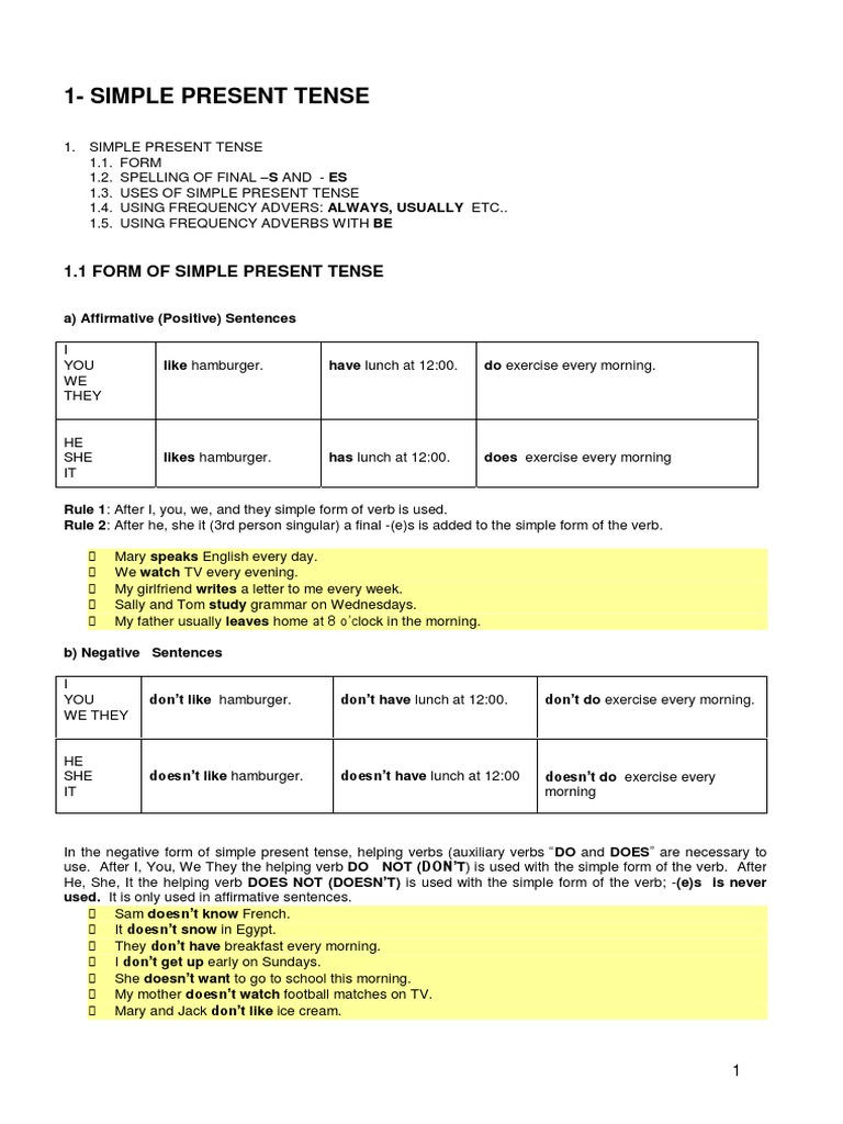1.1 Form of Simple Present Tense | PDF | Grammatical Tense | Perfect ...