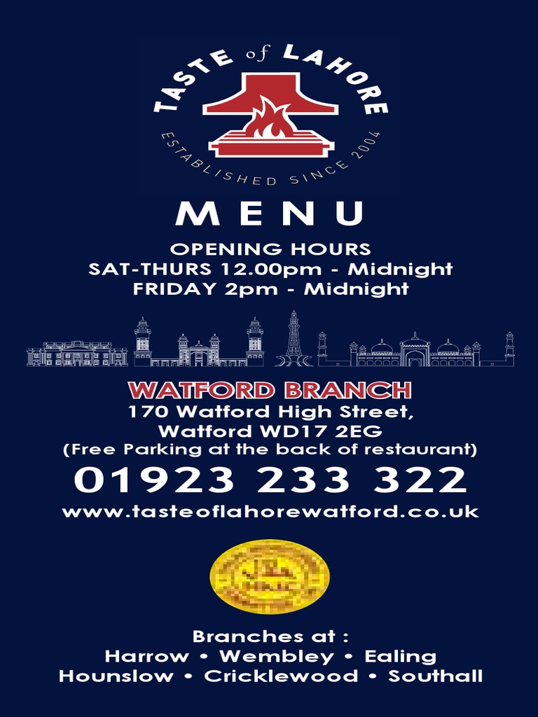 Taste of Lahore Watford Menu PDF | PDF | Kebab | Curry