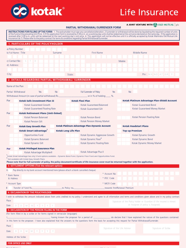 Part Withdrawal or Surrender Form | Insurance | Pension