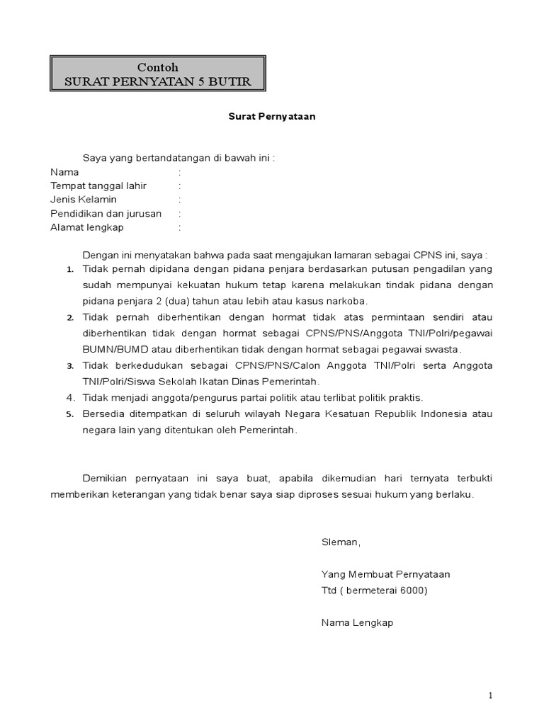 Contoh Surat Pernyataan | PDF