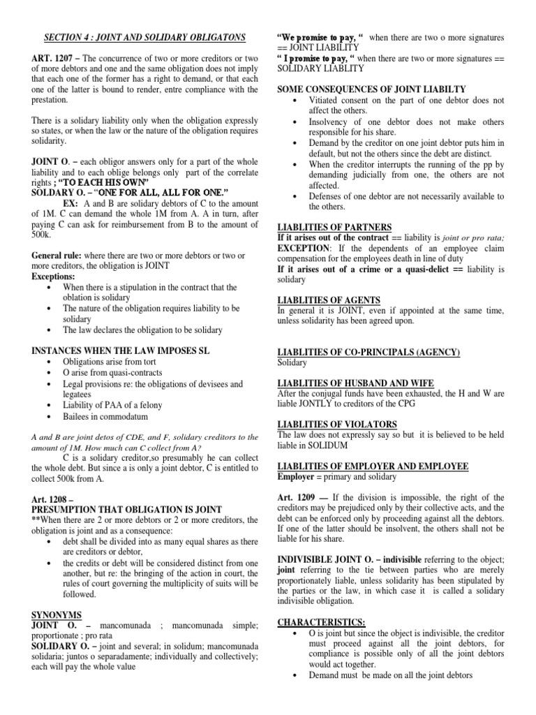 Joint and Solidary Obligations Explained | PDF | Debtor | Debt