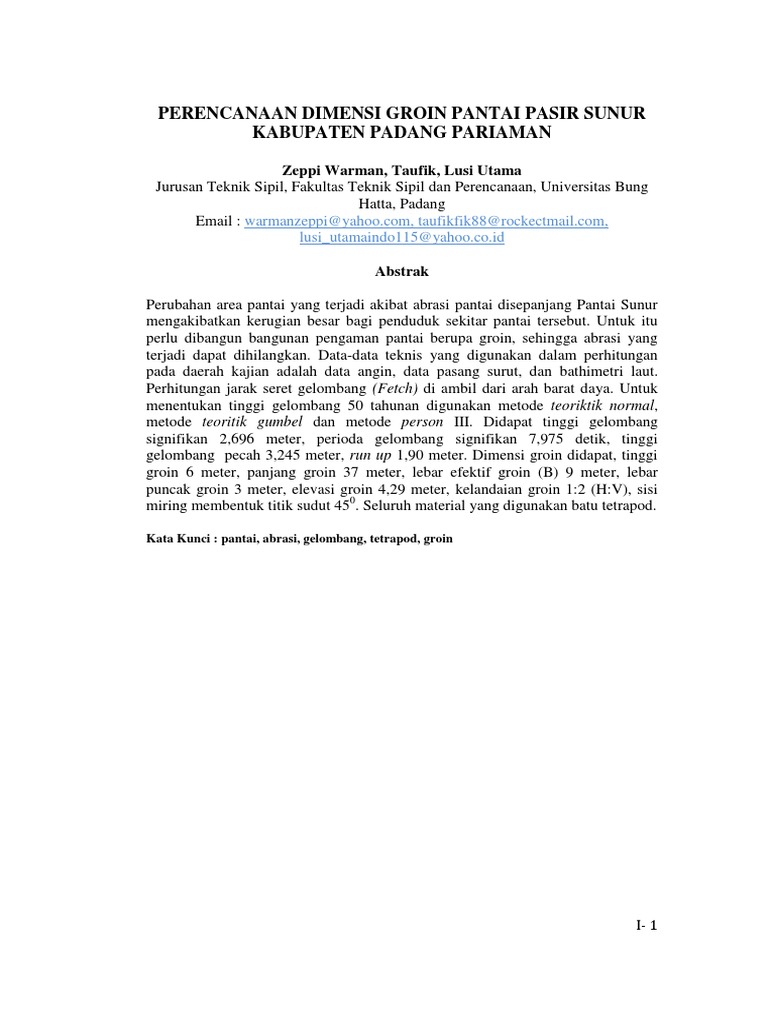Perencanaan Dimensi Groin Pantai Pasir Sunur Kabupaten Padang | PDF