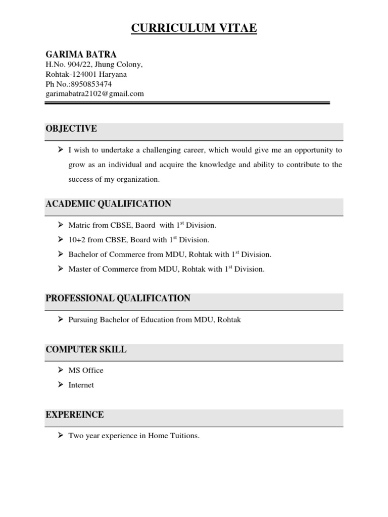 Curriculum Vitae: Garima Batra | PDF