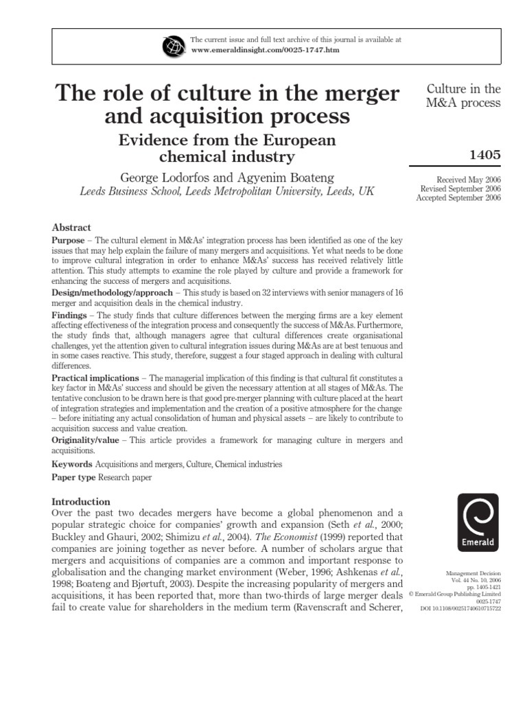 The Role of Culture in The Merger and Acquisition Process: Evidence ...