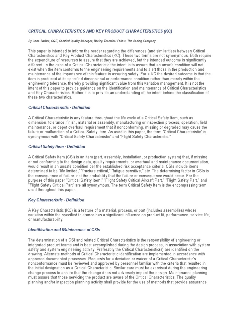 Critical Characteristics and Key Product Characteristics | PDF ...