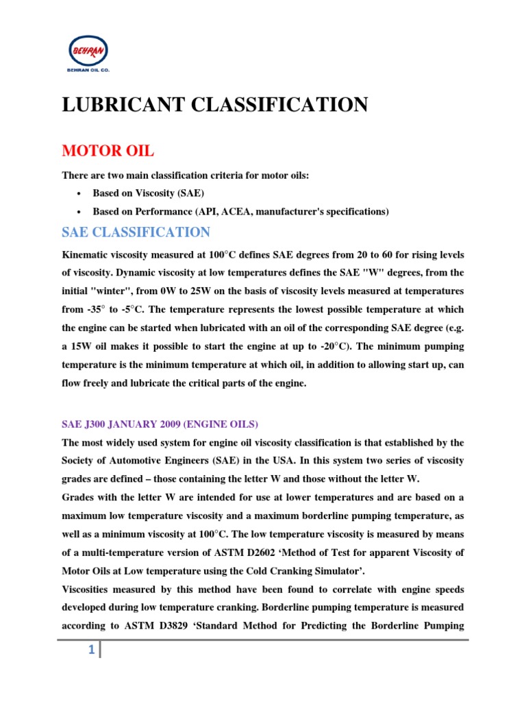 Lubricant Classification: Motor Oil | PDF