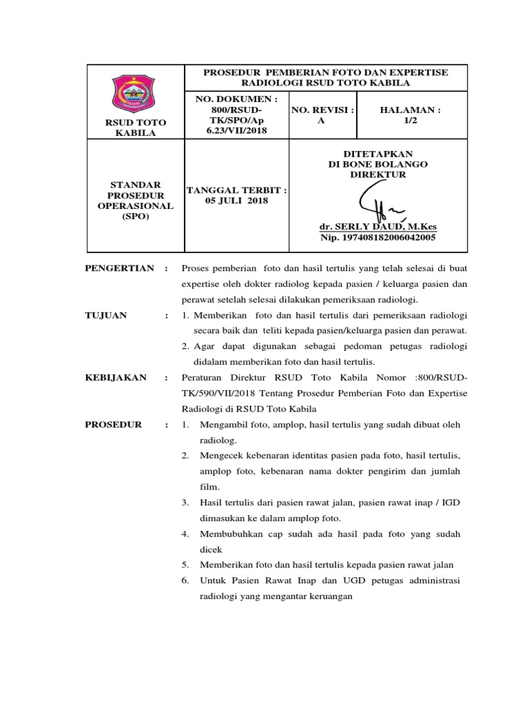 Spo Pemberian Foto Dan Expertise Radiologi Rsud Toto Kabila | PDF ...