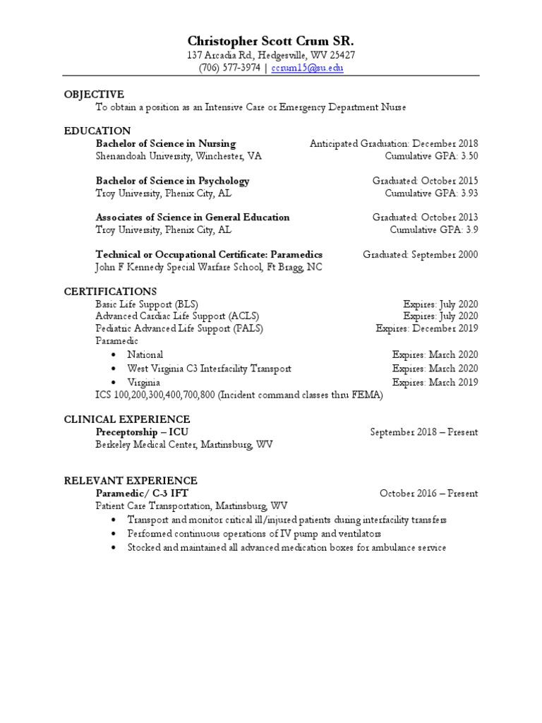 Christopher Crum: Nursing & Paramedic Resume | PDF | Emergency Medical ...