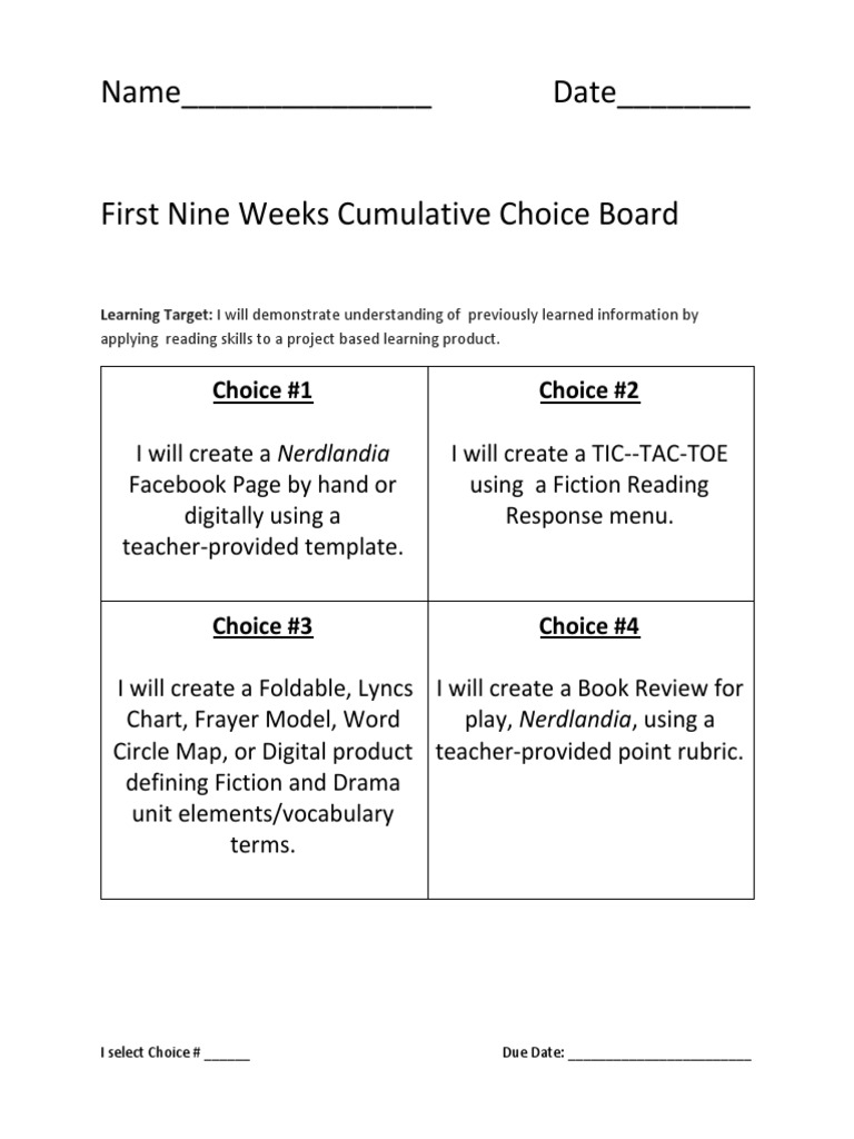 Fiction and Drama Extension Choice Board 2019 | PDF