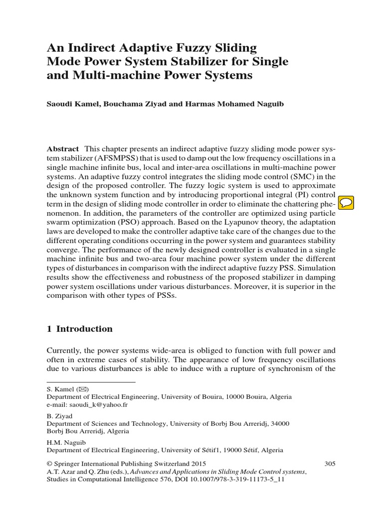 An Indirect Adaptive Fuzzy Sliding Mode Power System Stabilizer For Single and Multi-Machine ...
