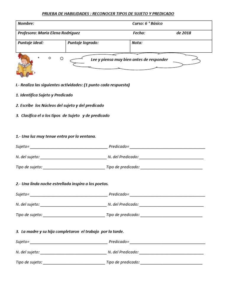 Prueba de Tipos de Sujeto y Predicado Agosto6°2018 | PDF | Relaciones ...