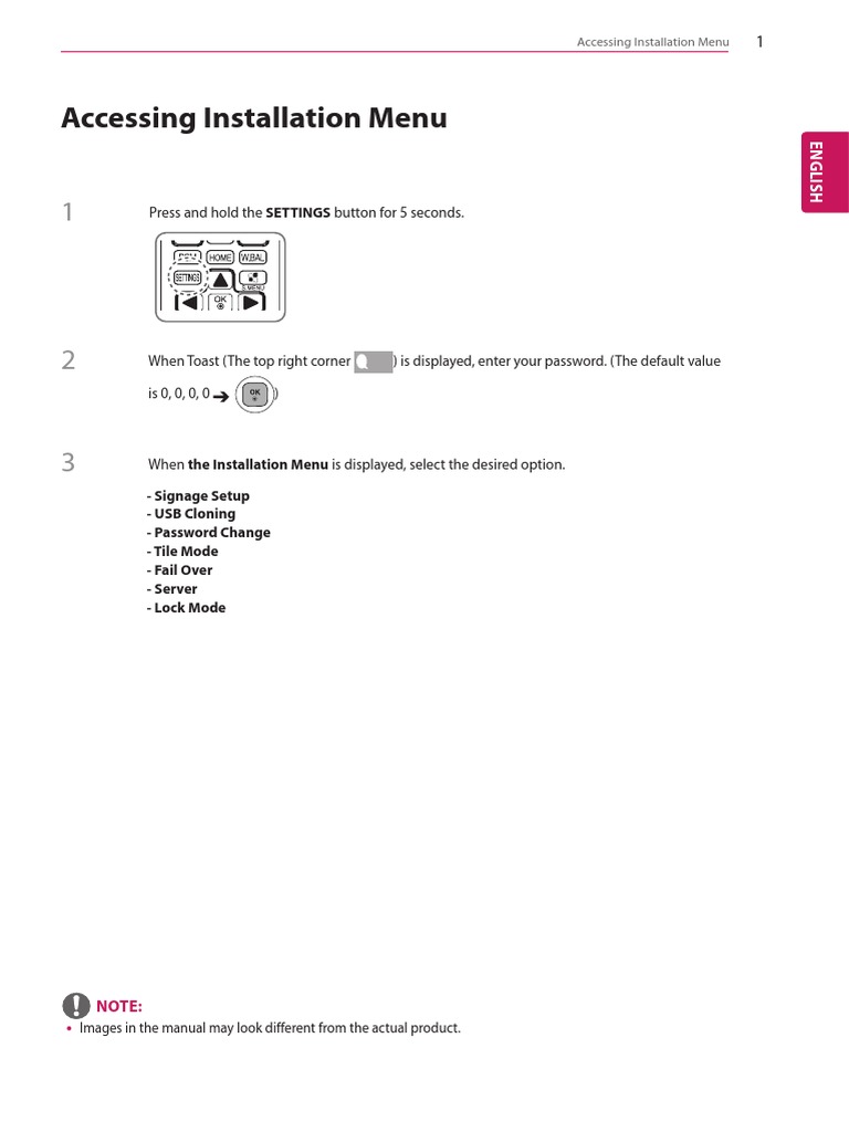 Accessing Installation Menu: - Signage Setup - USB Cloning - Password ...