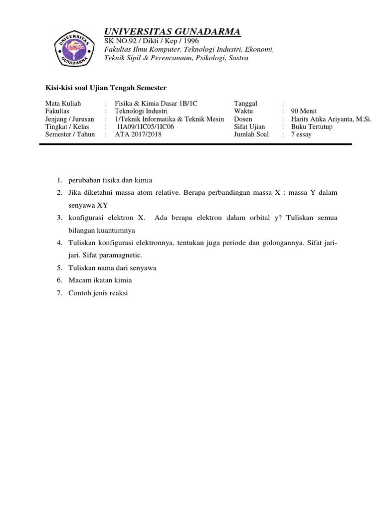 Kisi2 SOAL UTS (Kimdas) | PDF