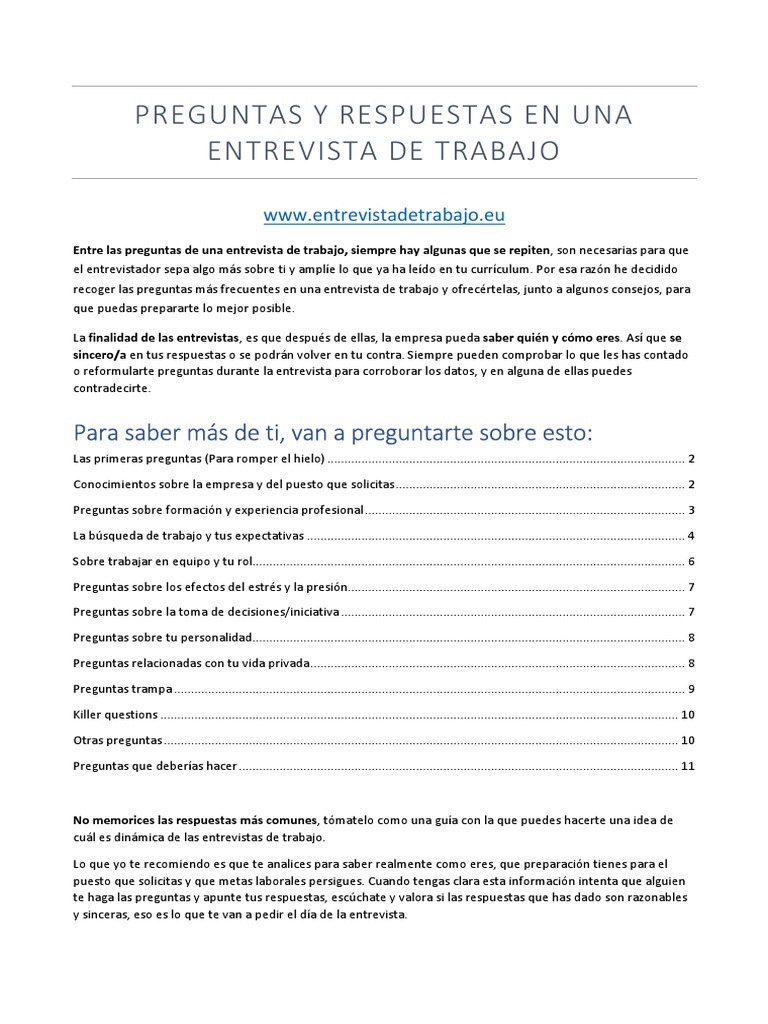 Preguntas y Respuestas en Una Entrevista de Trabajo | PDF | Entrevista ...