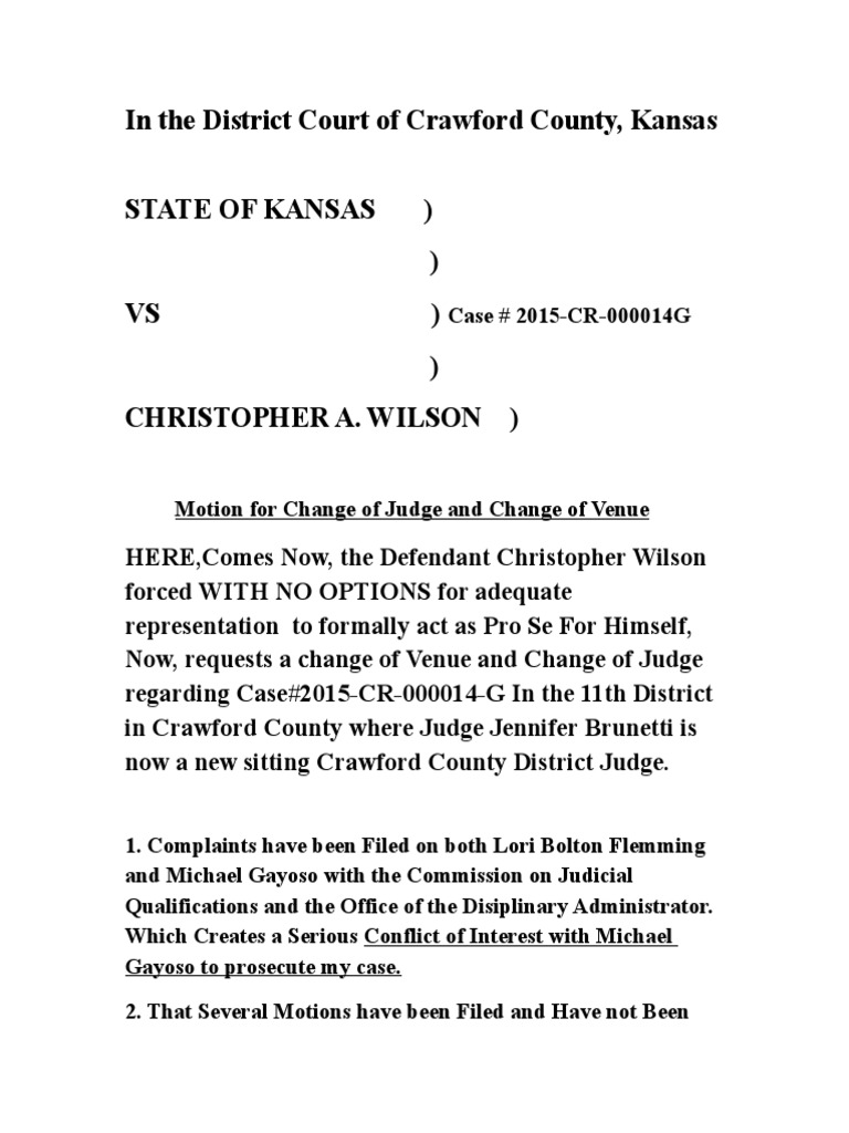 Motion to Change Judge and Venue Brunetti 9-17-18 | Prosecutor | Judge