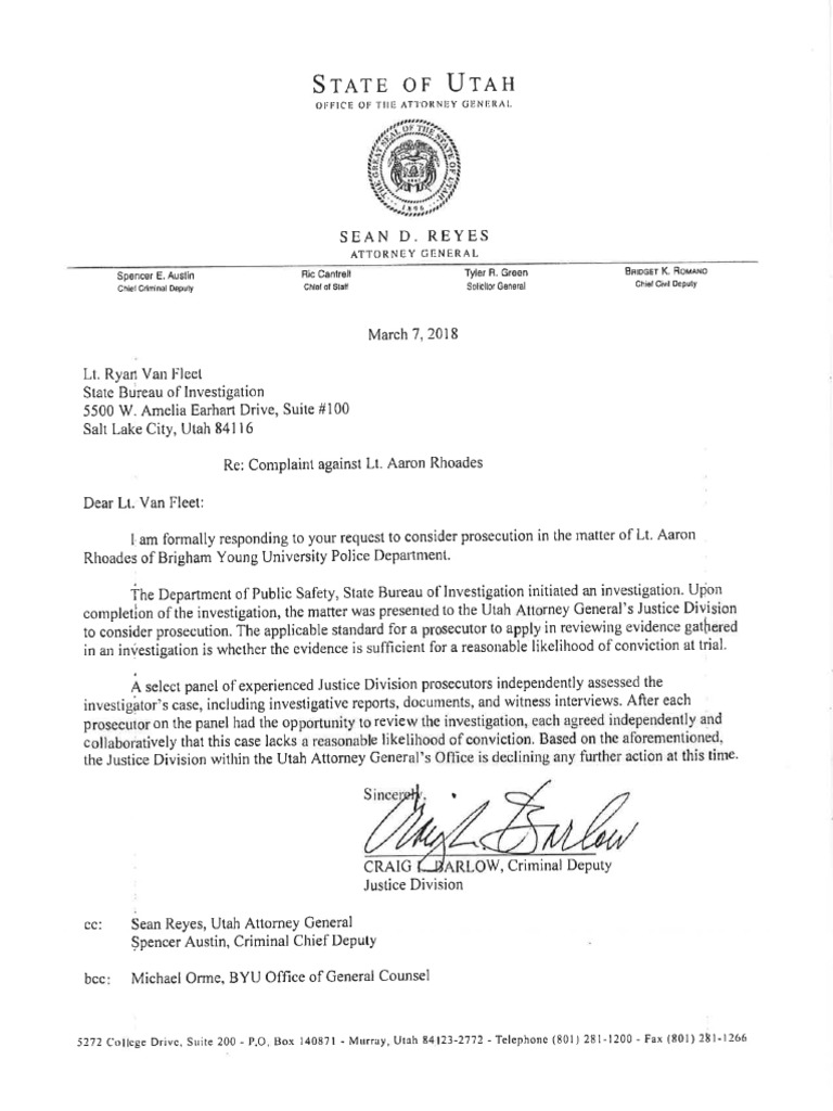 Declination Letter for Brigham Young University Police Lt. Aaron Rhoades