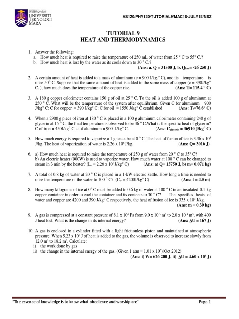 Thermodynamics Tutorial Problems and Answers | PDF | Heat Capacity | Heat