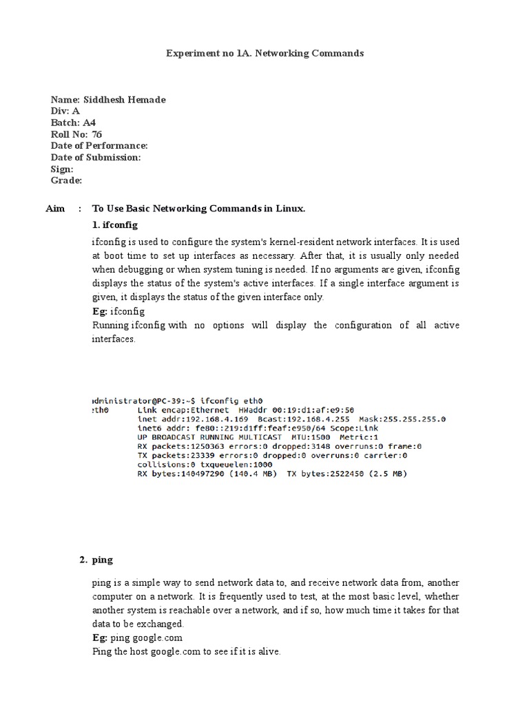 Experiment No 1A. Networking Commands | PDF | Gateway (Telecommunications) | Network Interface ...