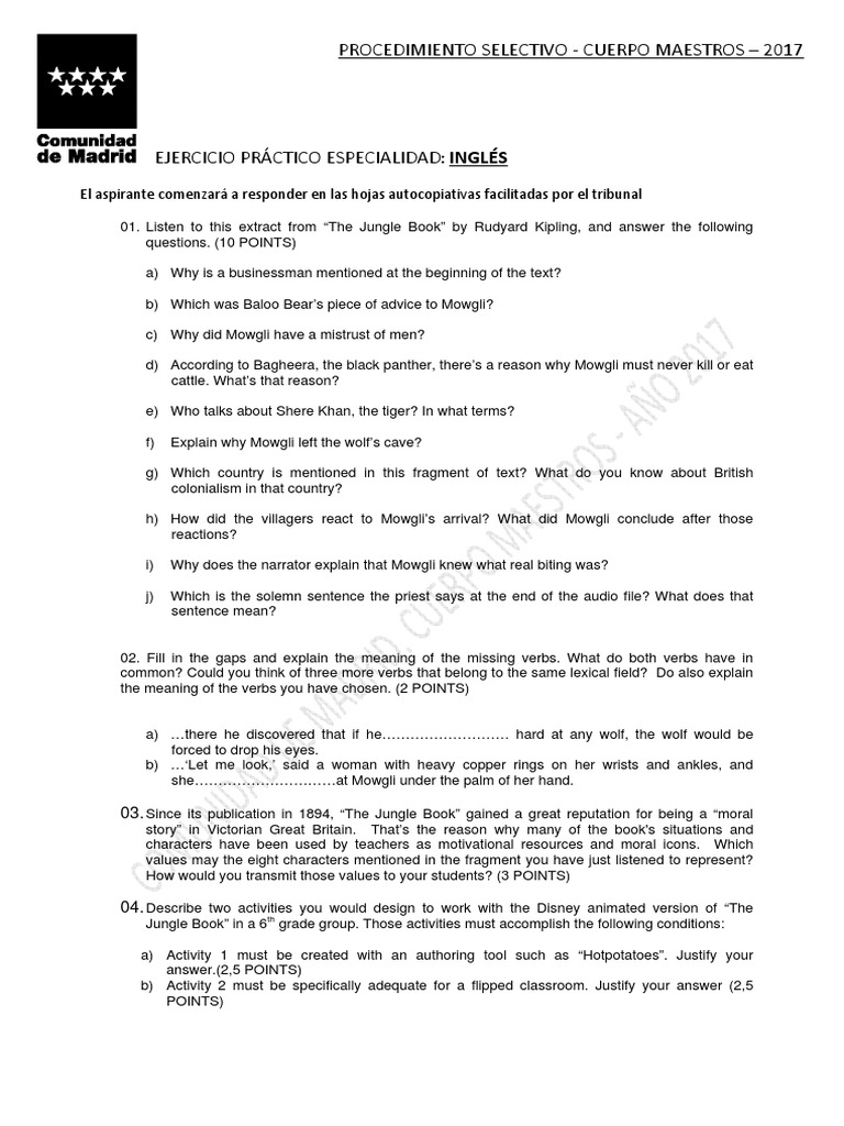 Ejercicio PR - Ctico OPOS Maestros 2017 - INGL - S PDF | PDF | Bagheera | Shere Khan