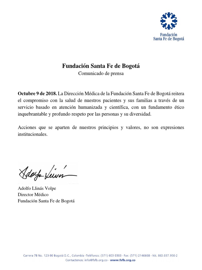 Comunicado de Prensa Fundación Santa Fe de Bogotá | PDF