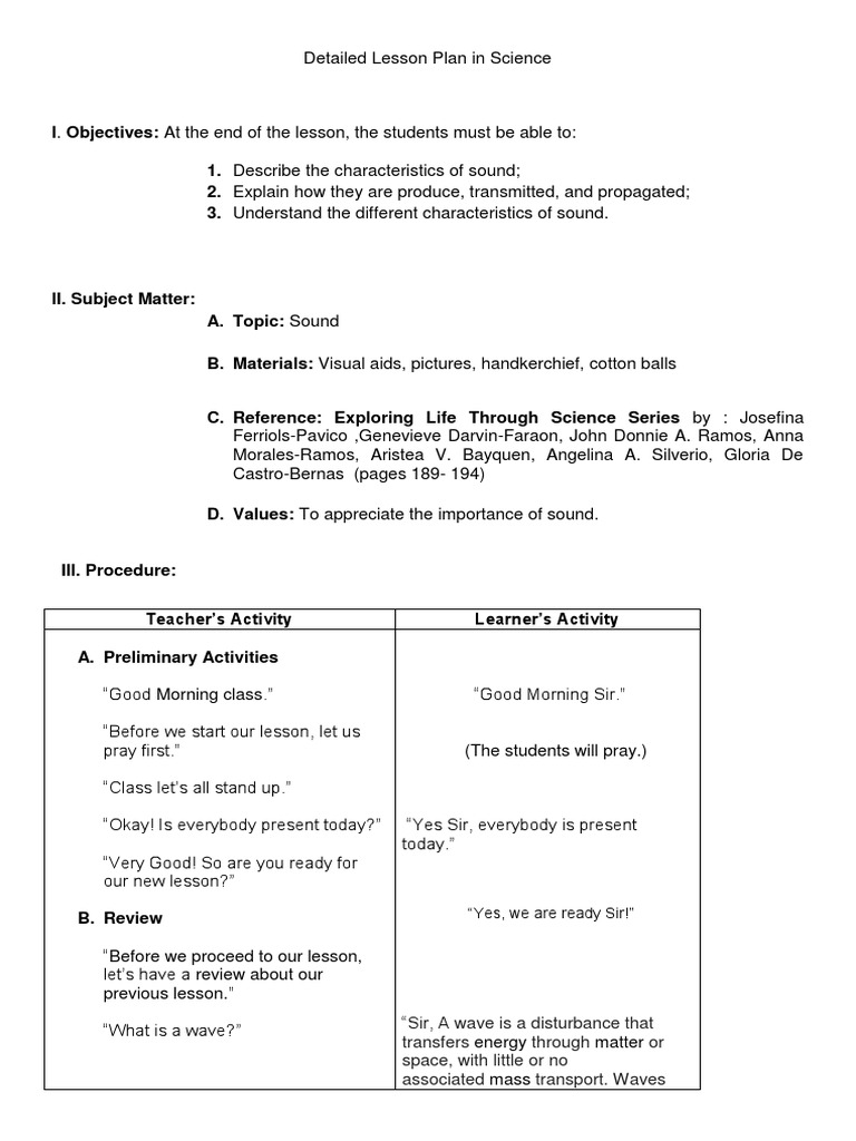 Detailed Lesson Plan in Science (Sound) - For Demo in Ed Tech | PDF ...