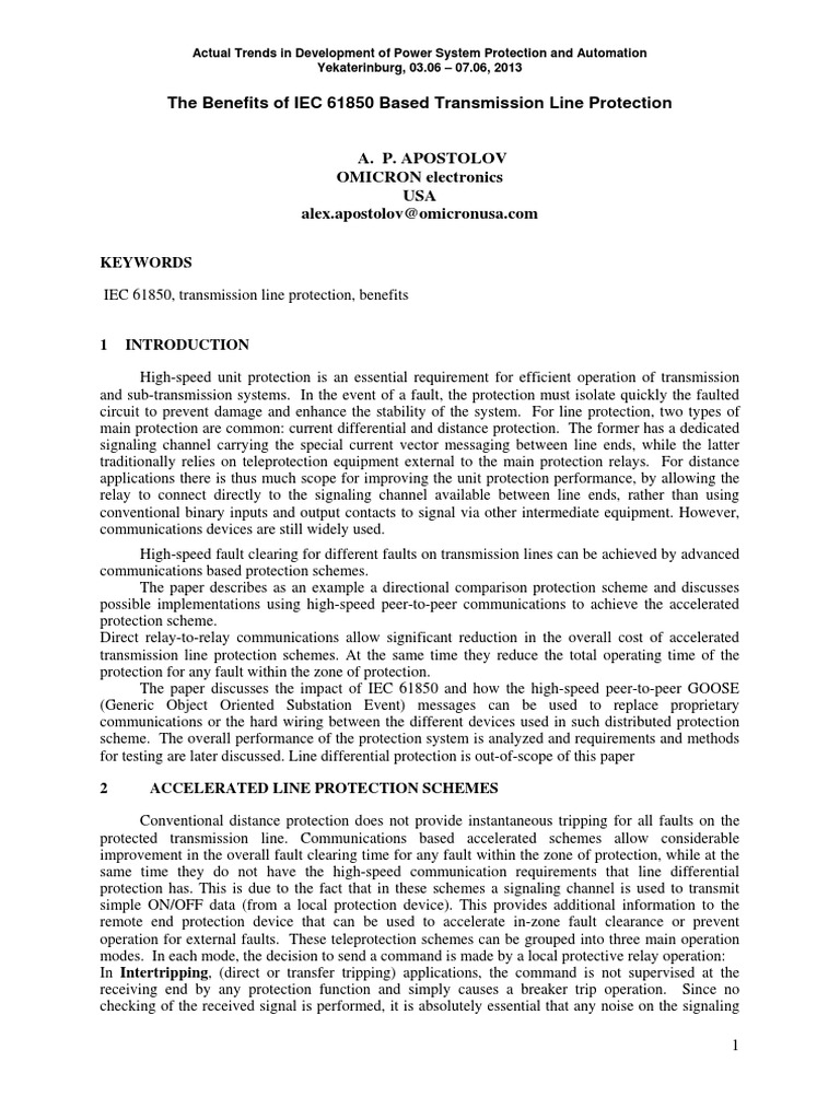Apostolov A.P.-The Benefits of IEC 61850 Based Transmission Line Protection PDF | PDF | Relay ...