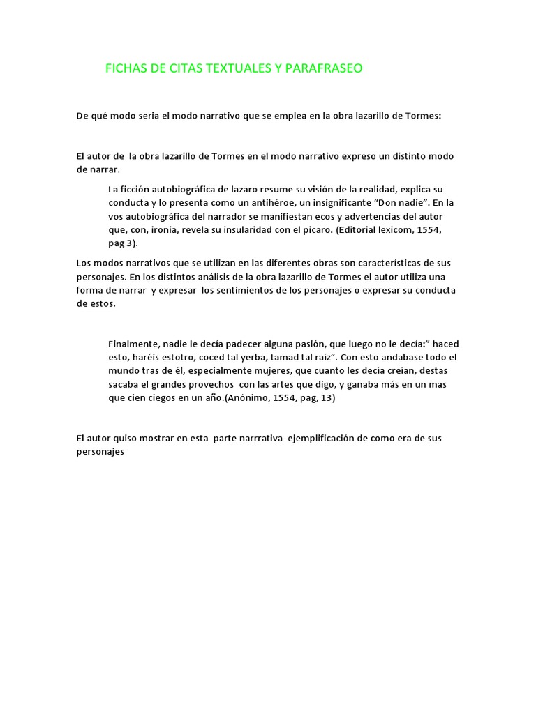 Fichas de Citas Textuales y Parafraseo | PDF