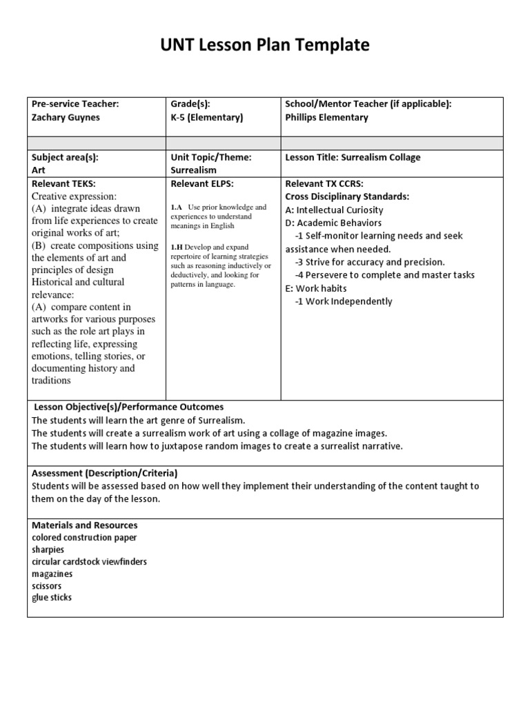 UNT Lesson Plan Template: 1.A Use Prior Knowledge and | PDF | Lesson ...