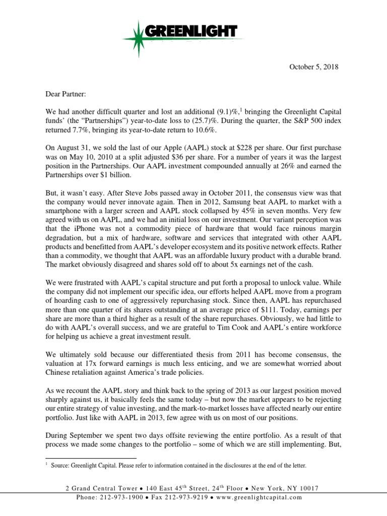 Greenlight Capital Q3 2018 | PDF | Apple Inc. | Tesla Model S
