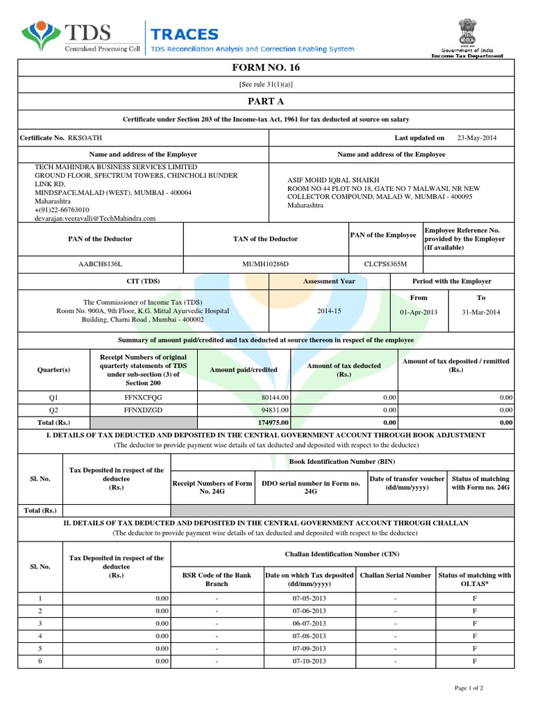 Form No. 16: Part A | PDF | Payments | Taxation