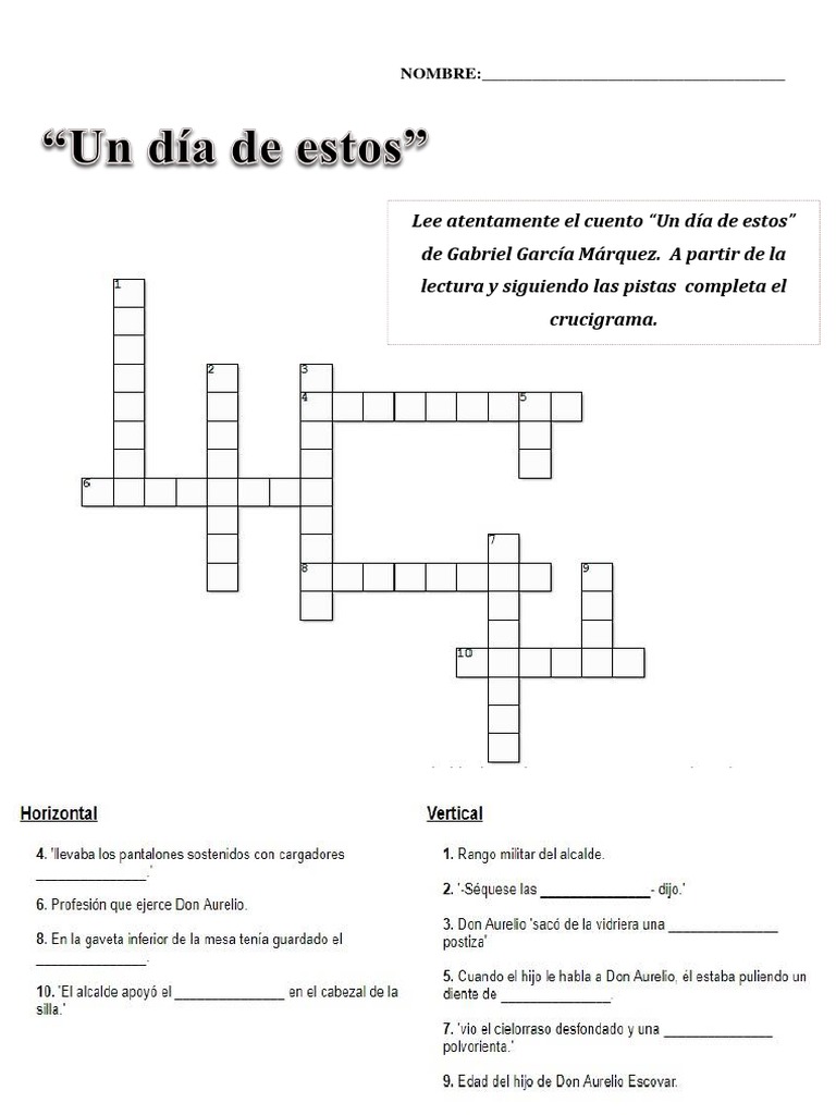 Trabajo Crucigrama García Márquez "Un Día de Estos" | PDF