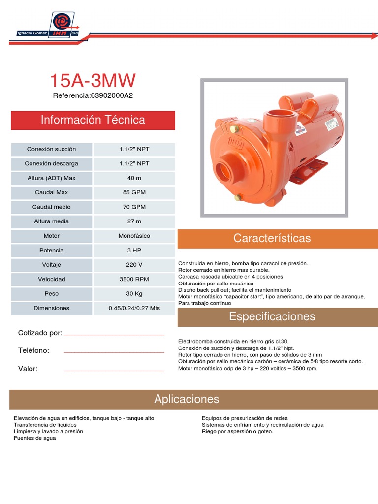Ficha Tecnica Bomba 63902000A2 | PDF | Bomba | Energía y recursos